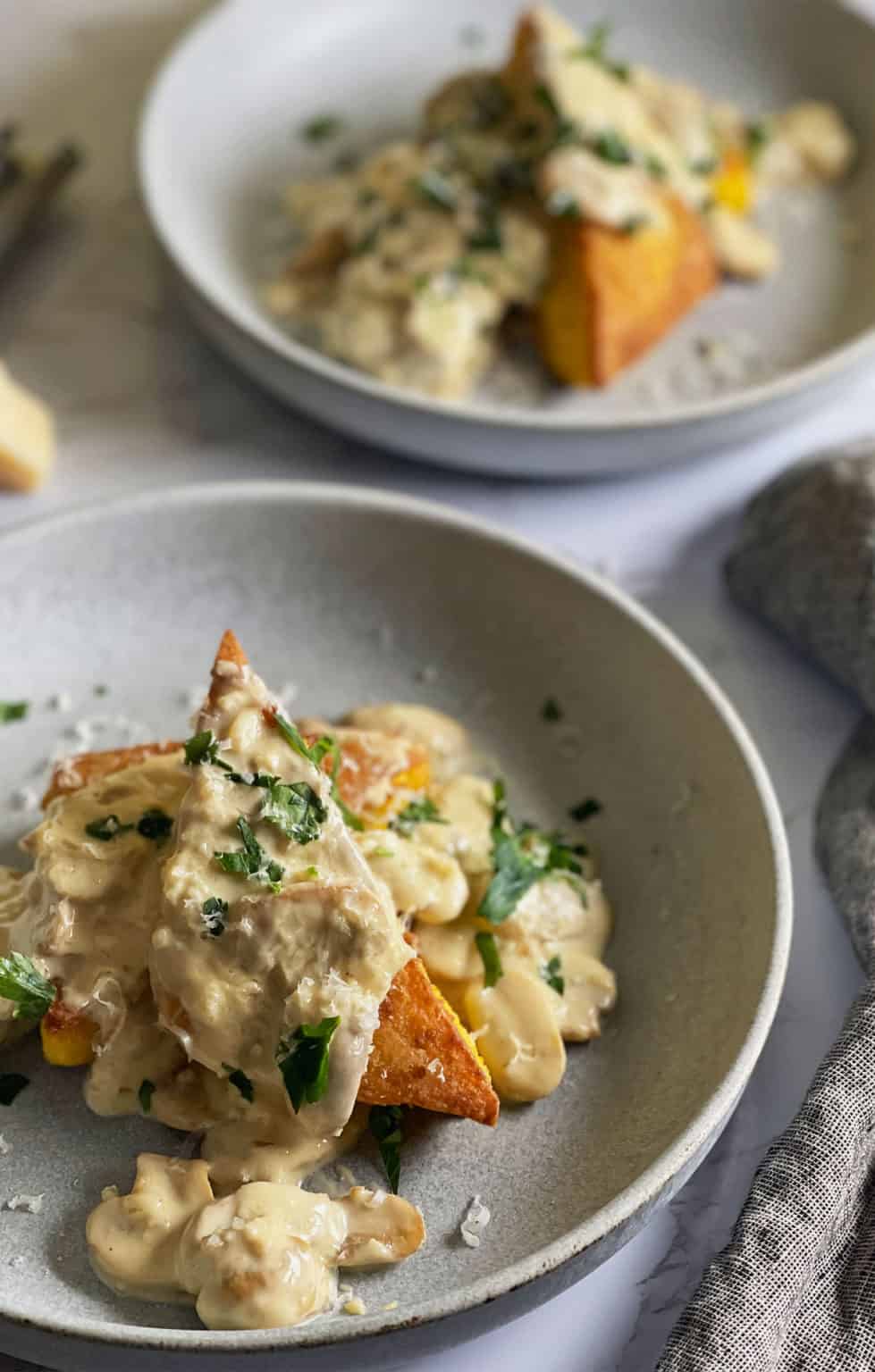 Fried Polenta with Creamy Mushroom Sauce - The Virtual Caterer