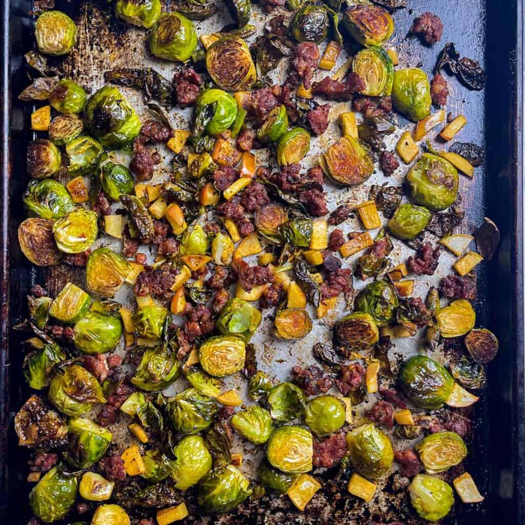 Easy Sheet Pan Brussels Sprouts with Sausage and Honey - The Virtual ...